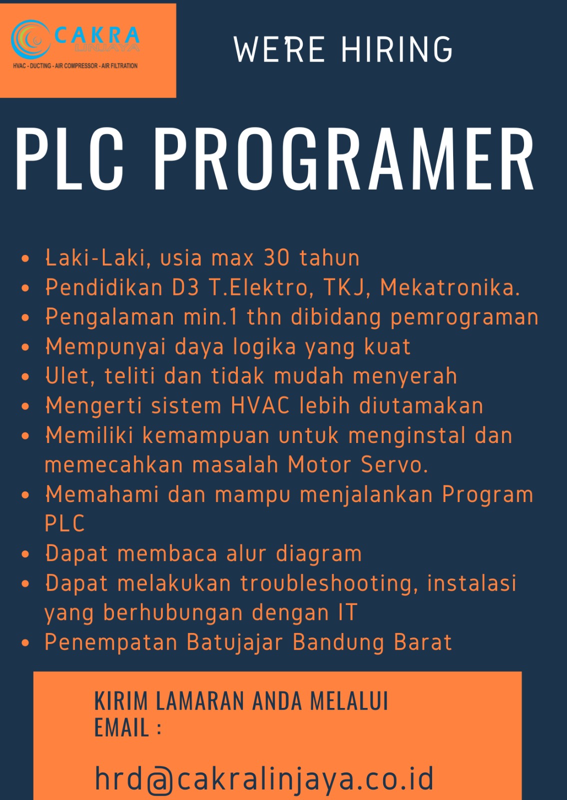 LOWONGAN KERJA CV. CAKRA LINJAYA