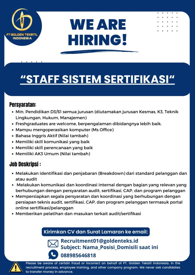 Lowongan Kerja PT. Golden Tekstil Indonesia